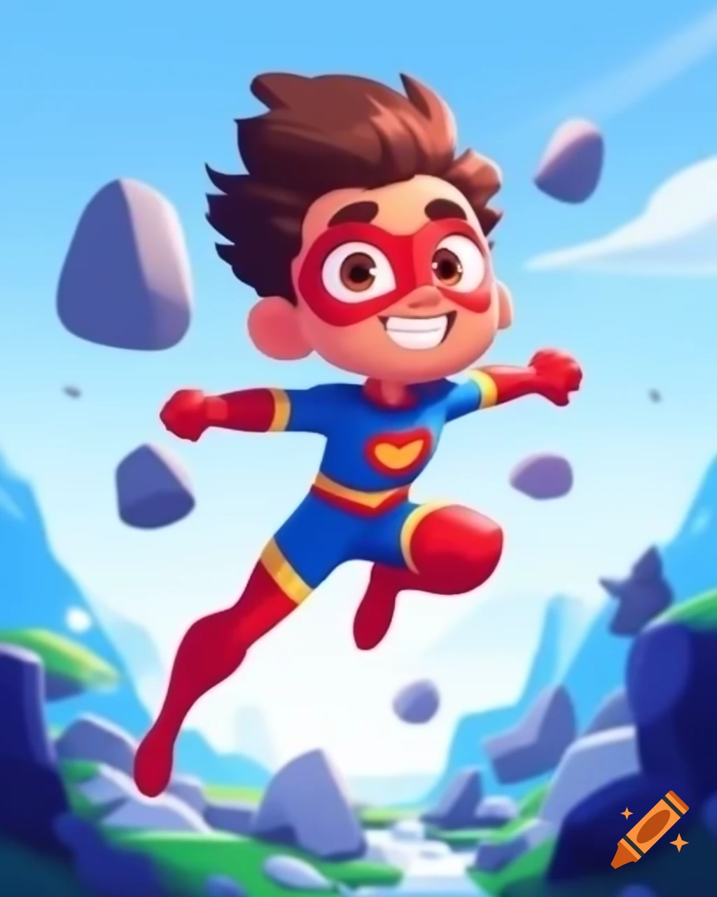 Cartoon superhero resembling a rocky mountain, jumping in action on Craiyon