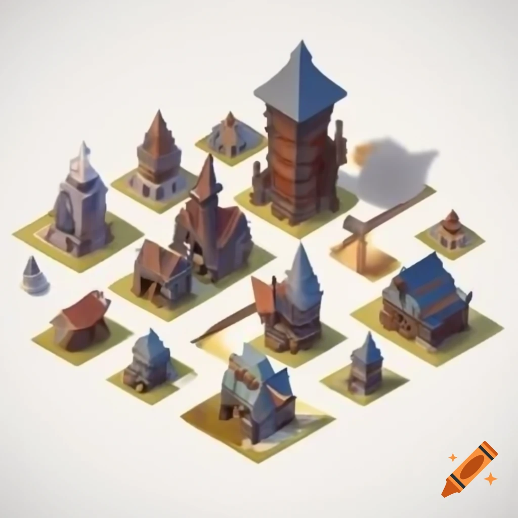 Isometric view of low-poly medieval buildings for fantasy RPG on Craiyon