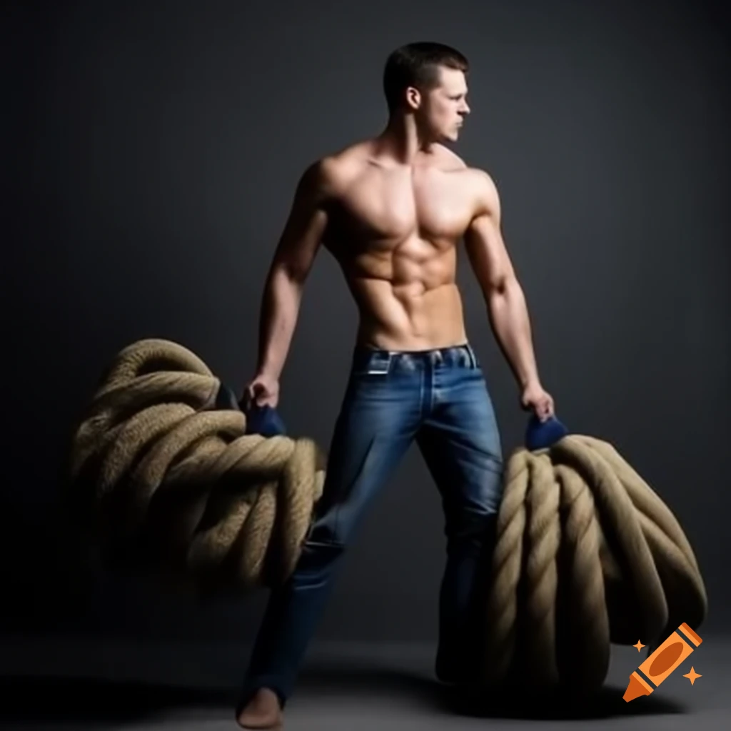 Confident male supermodel holding ship ropes, twirling in studio on Craiyon