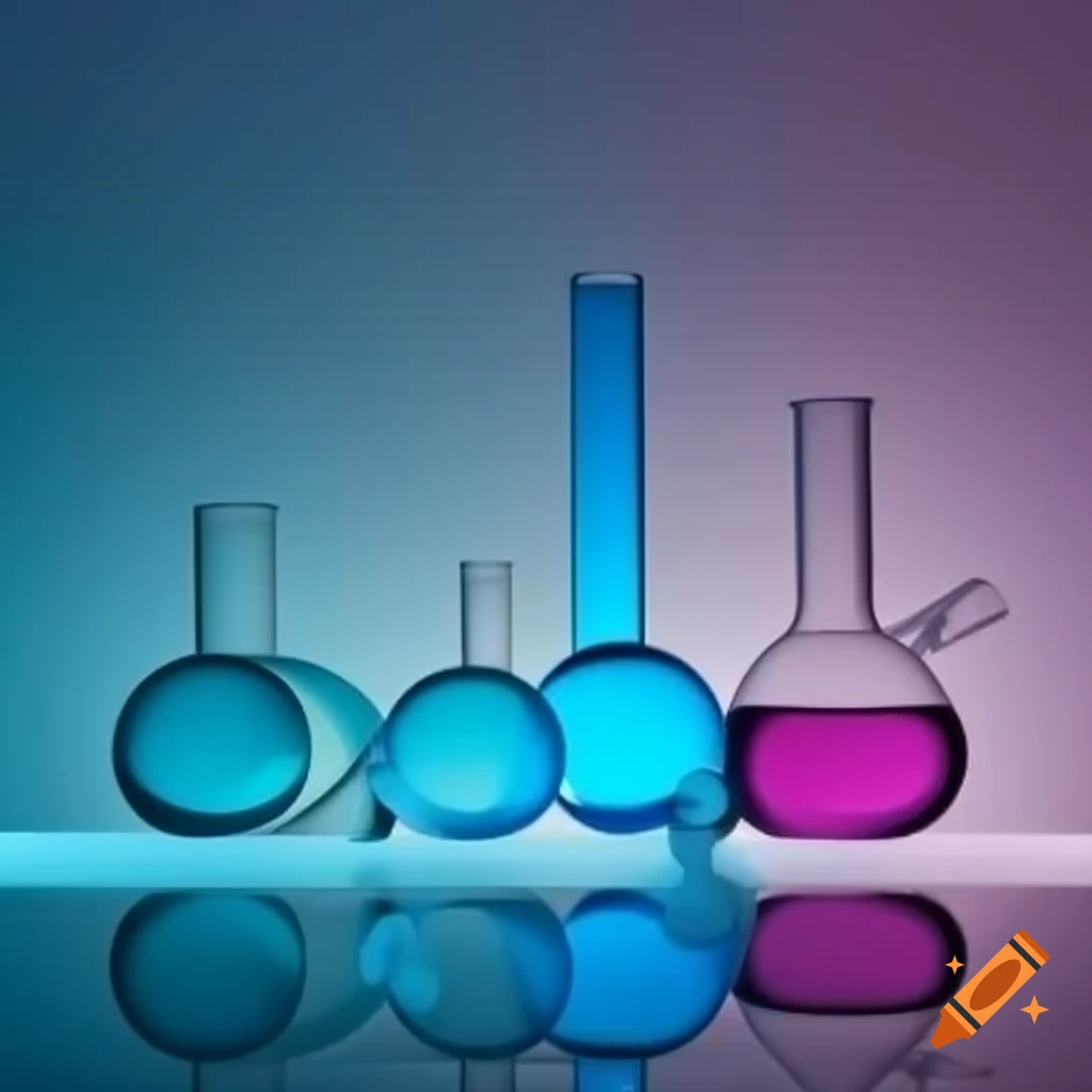 Colorful laboratory equipment with hollow metallic bubbles against ...