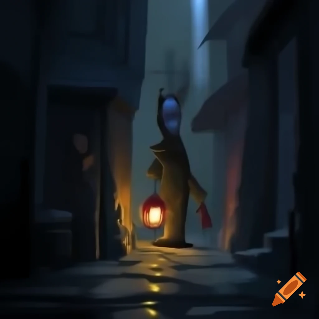 Dark alley with lantern illuminating shadowy figure with red eyes ...