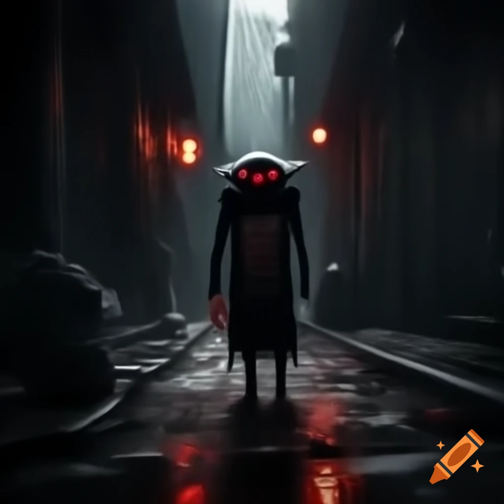 Dark alley with shadowy figure and red eyes under lantern light, horror ...