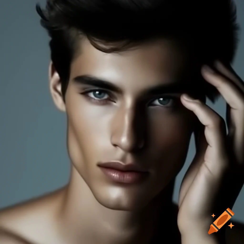 Hand of a masculine male supermodel with a gentle smirk in a high ...