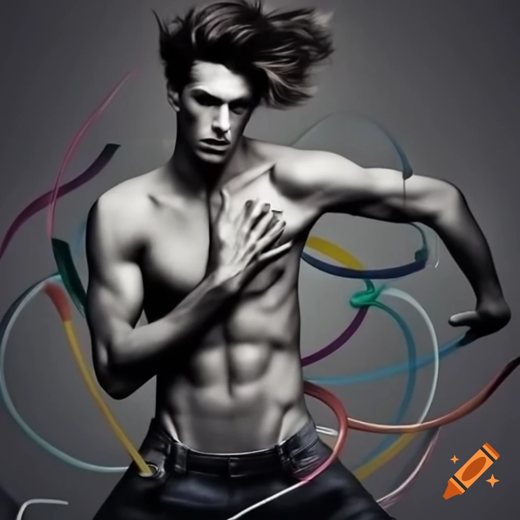 Confident male supermodel posing in colorful studio, wearing jeans and ...