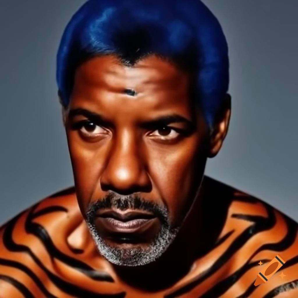 Denzel Washington depicted with tiger makeup, blue hair, and orange ...