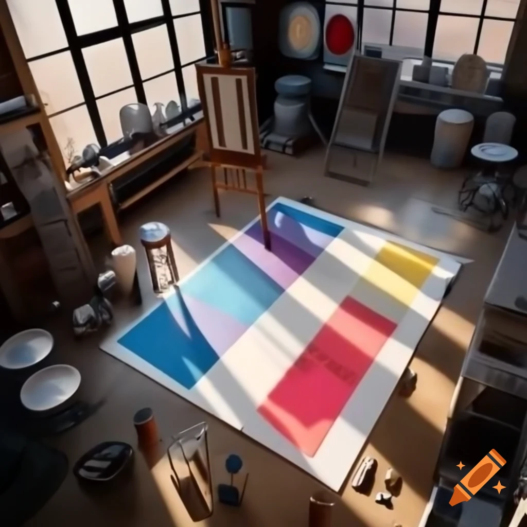 Vibrant artist's studio with empty canvas, paint cans, and colorful ...