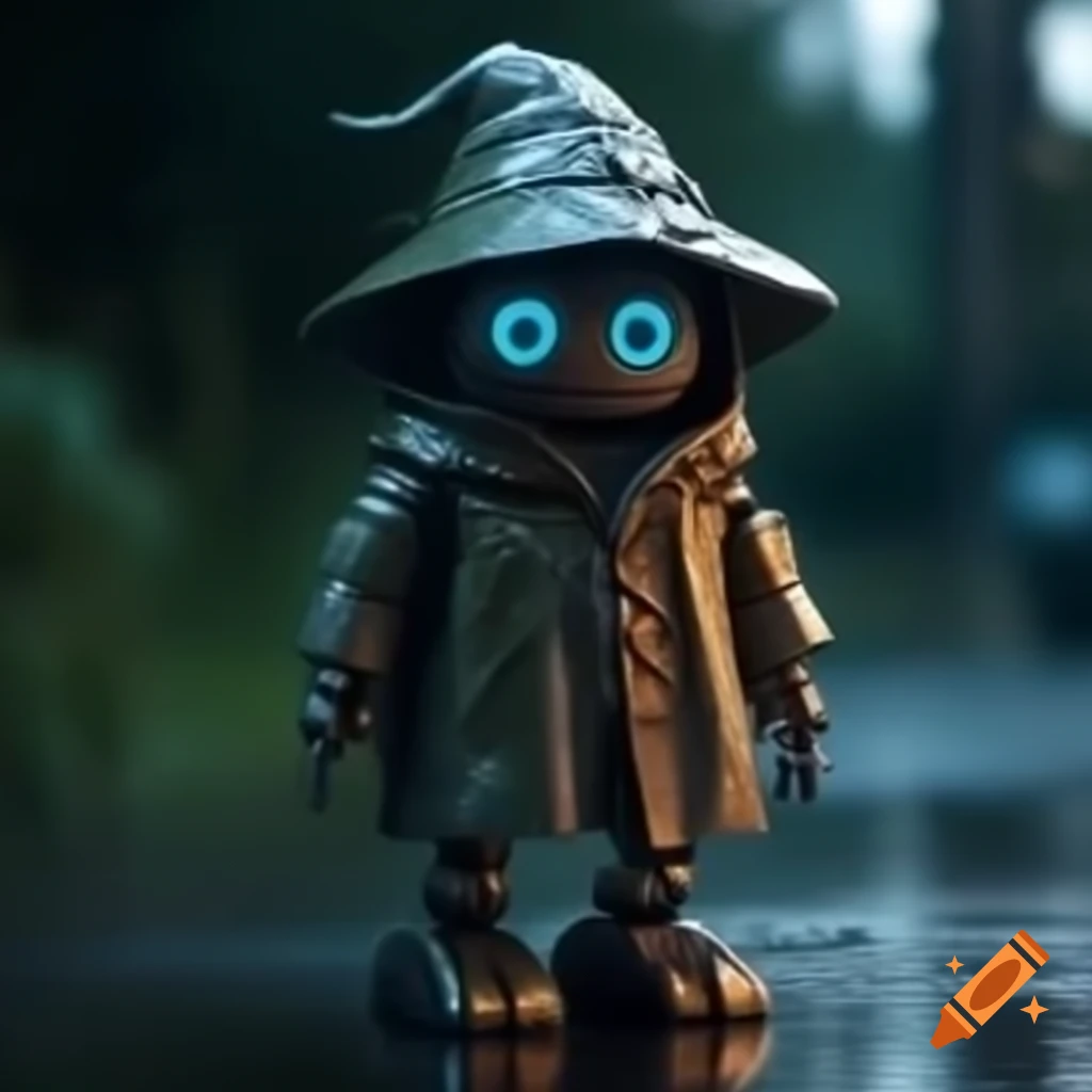 Cute sad robot wizard in the rain with a d20 dice on Craiyon