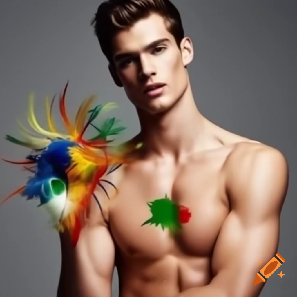 Male supermodel in studio shoot with colorful high contrast, spinning ...