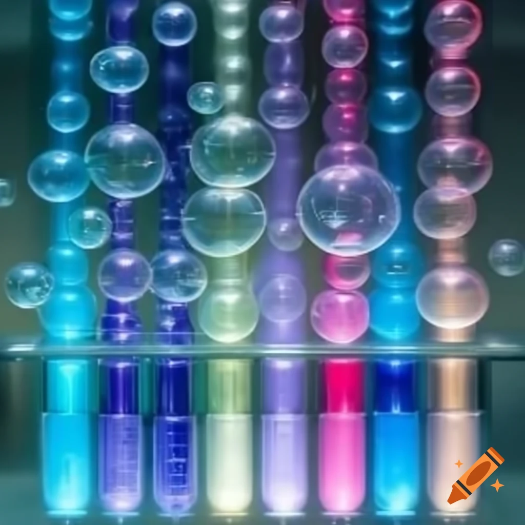 Colorful laboratory equipment with metallic hollow bubbles on light ...
