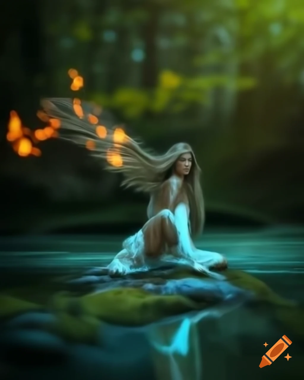 Closeup of nymph goddess in forest by river, dreaming of fireflies on ...