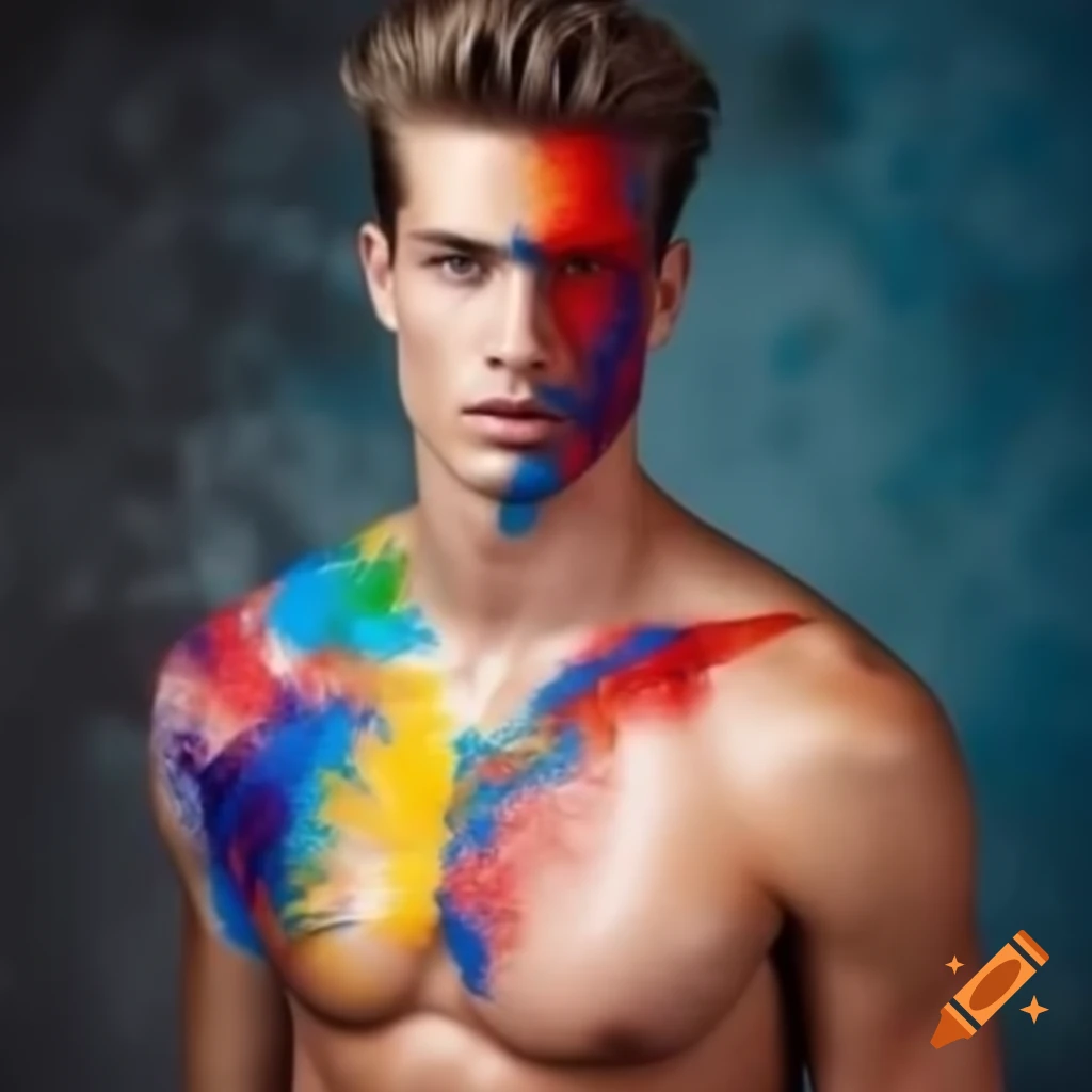 Male supermodel in colorful body paint, high contrast studio shoot, dynamic pose on Craiyon