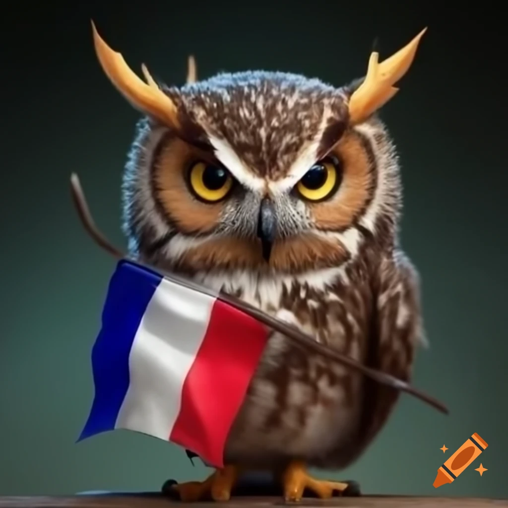 Great horned owl with French flag in secret agent style on Craiyon