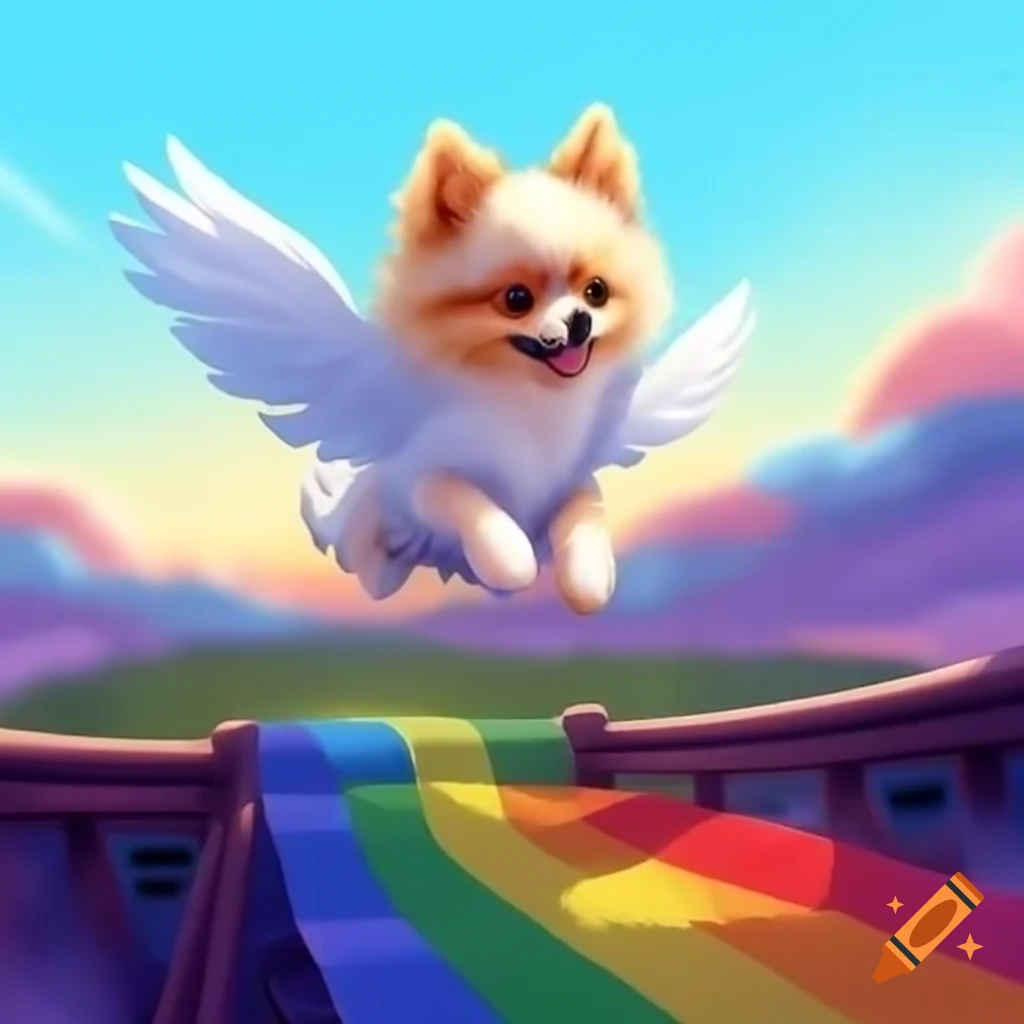 Short-haired Pomeranian with wings flying over rainbow bridge on Craiyon