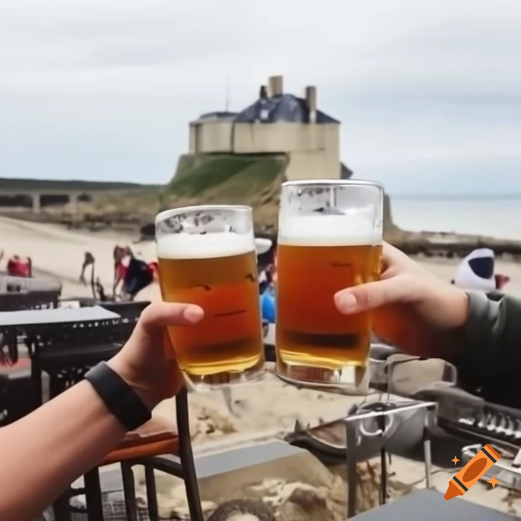 Man's arm holding beer in front of beach scenery at Normandy pub on Craiyon