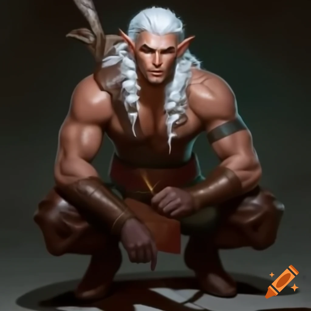 Muscular male elf with green eyes and white hair in leather armor ...