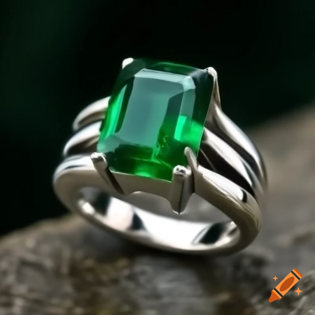 Ornamental silver band with captivating emerald stone on Craiyon