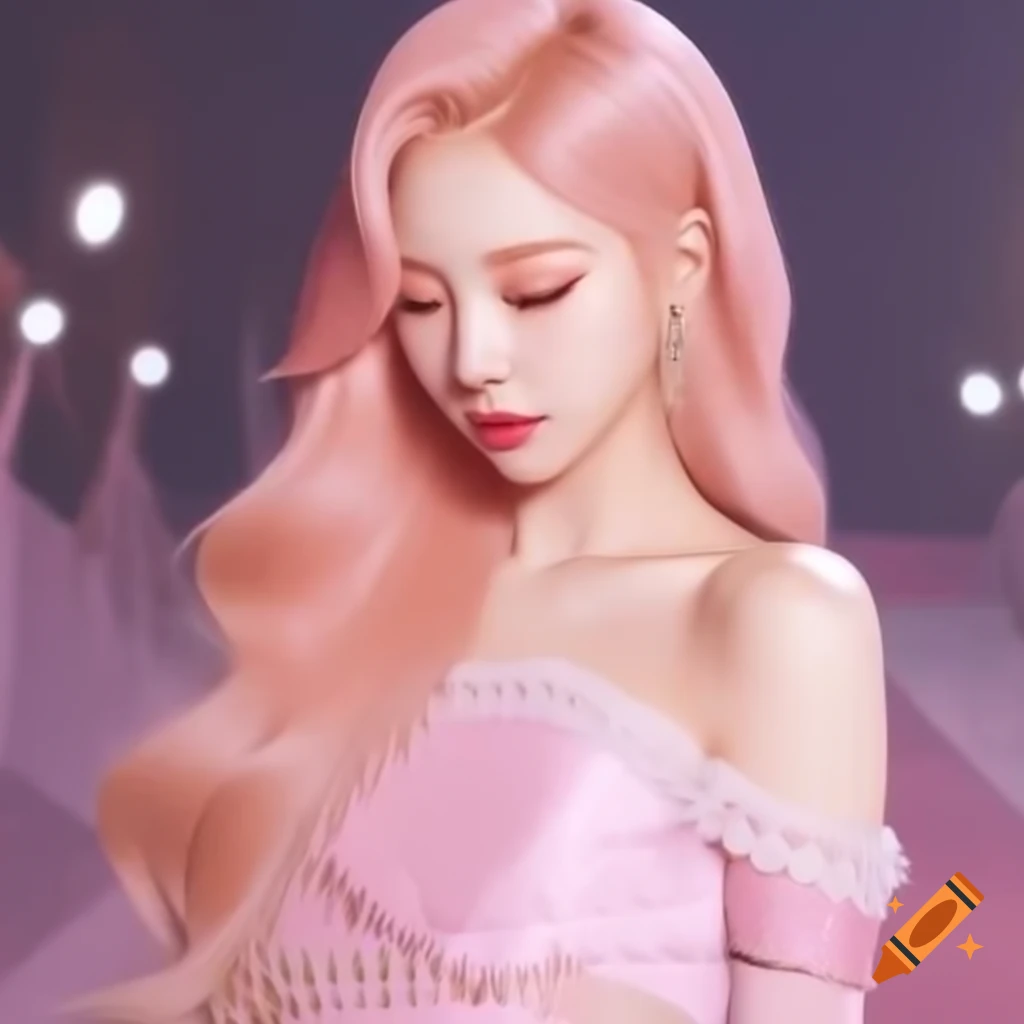 Digital artwork of Sana from TWICE in pastel pink lace mini dress with wavy strawberry blonde ...