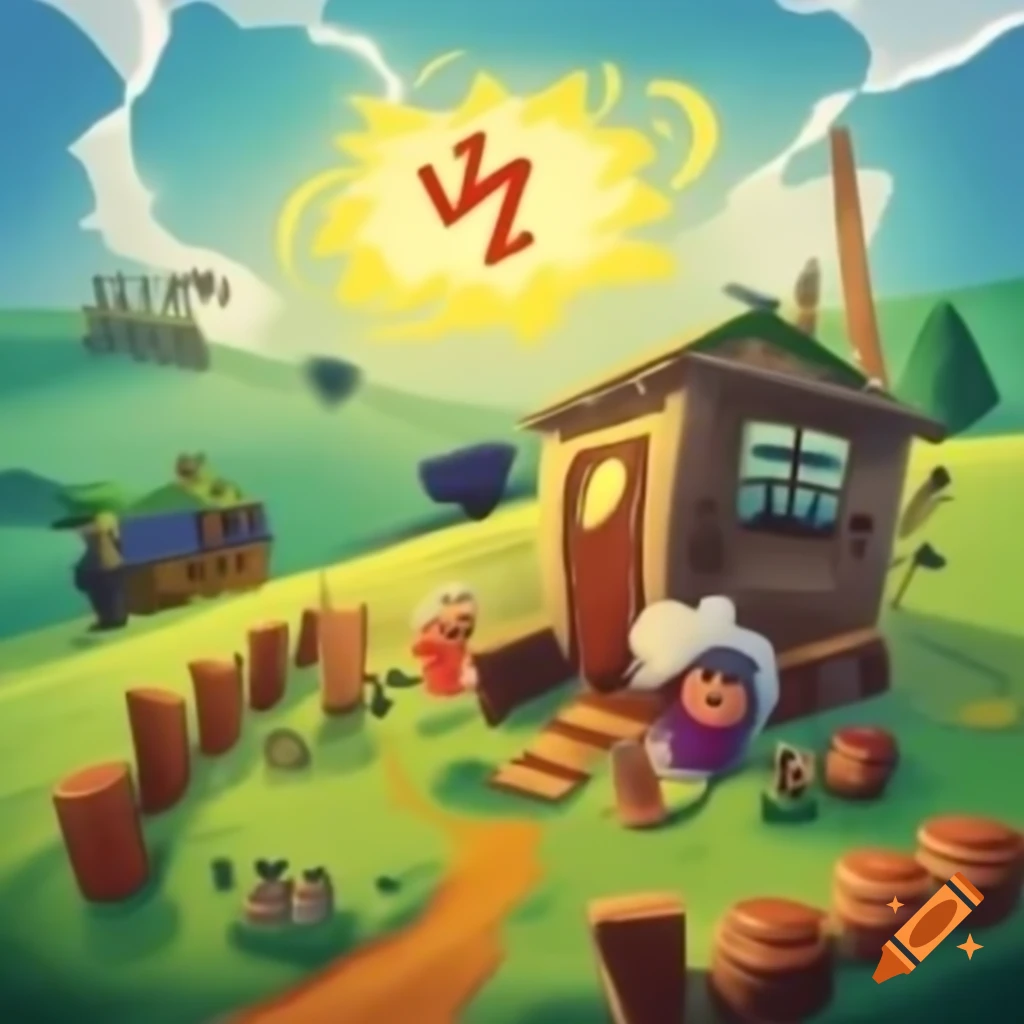 2D illustration of a story titled 'The Mischievous Villager' set in a ...