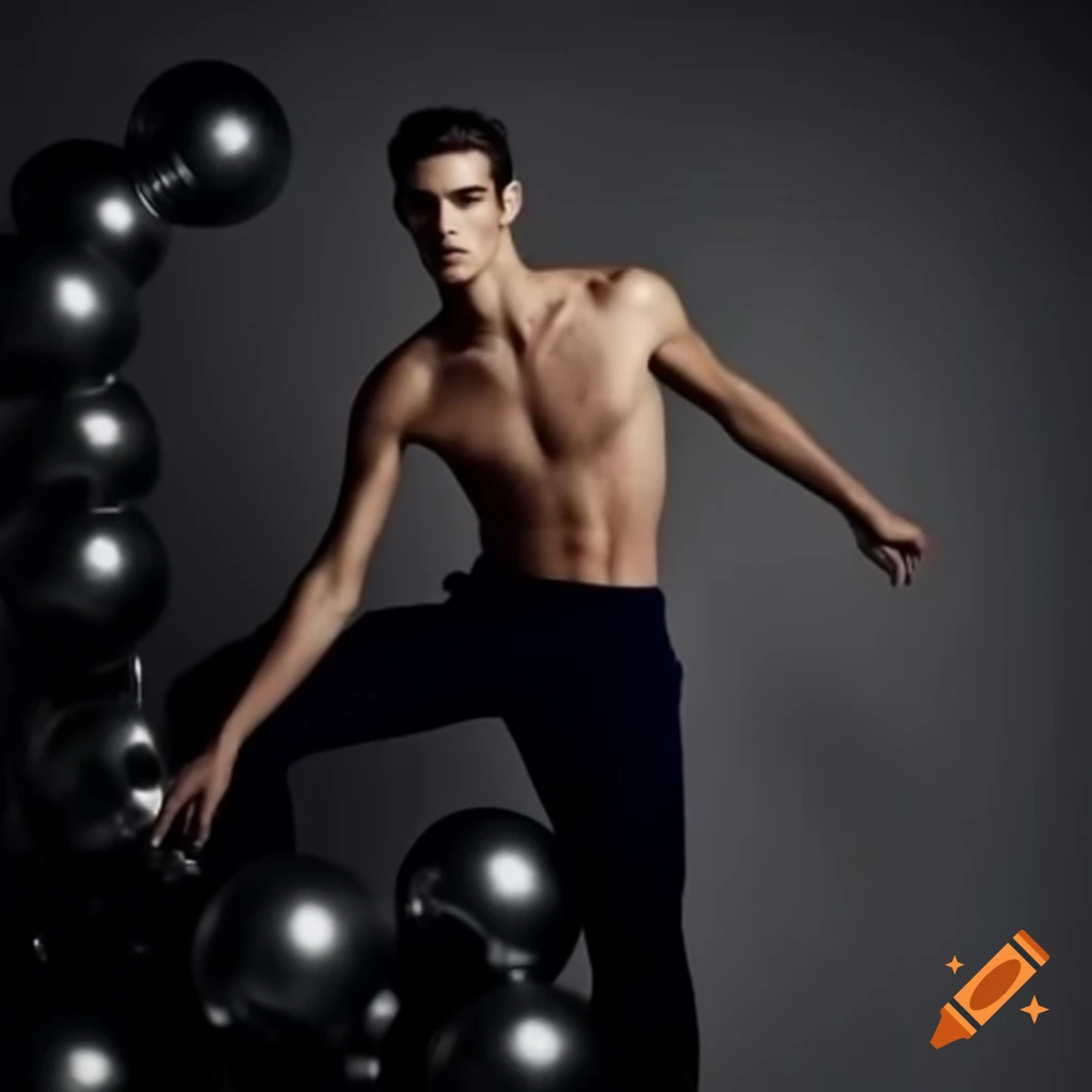 Confident male supermodel in studio spinning with metallic balls in the ...