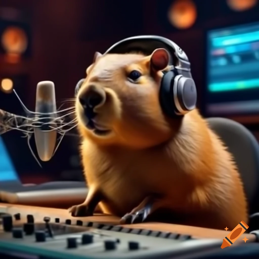 Capybara in recording studio wearing headphones and making music on Craiyon