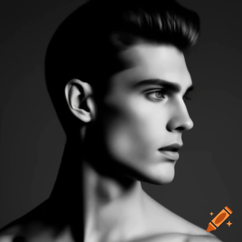 Masculine male supermodel in studio lighting with side profile ...