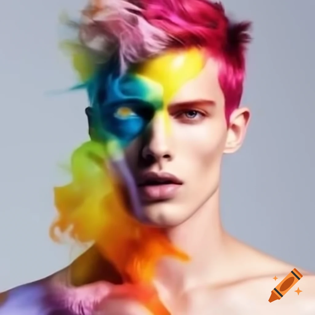 Male supermodel in studio shoot with colorful elements and lion in ...