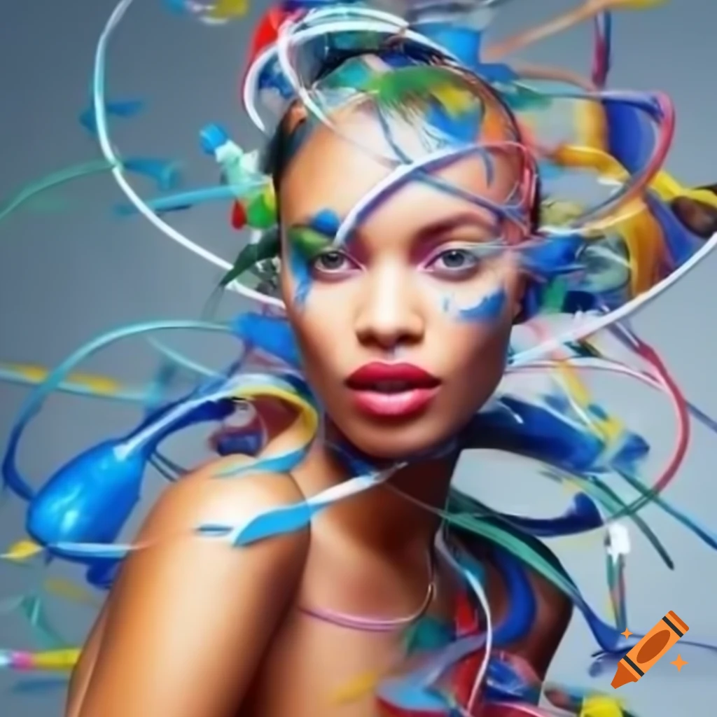 Confident male supermodel in artist's studio with colorful painter's ...