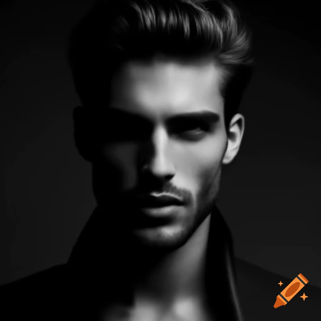 Male supermodel in high contrast lighting, playfully posing on Craiyon