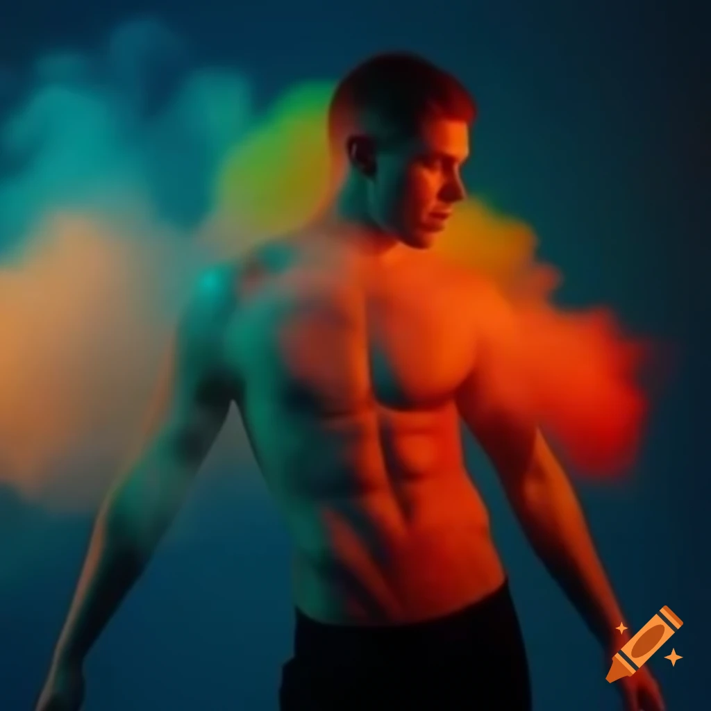 Confident male supermodel in studio, turning with colorful high ...