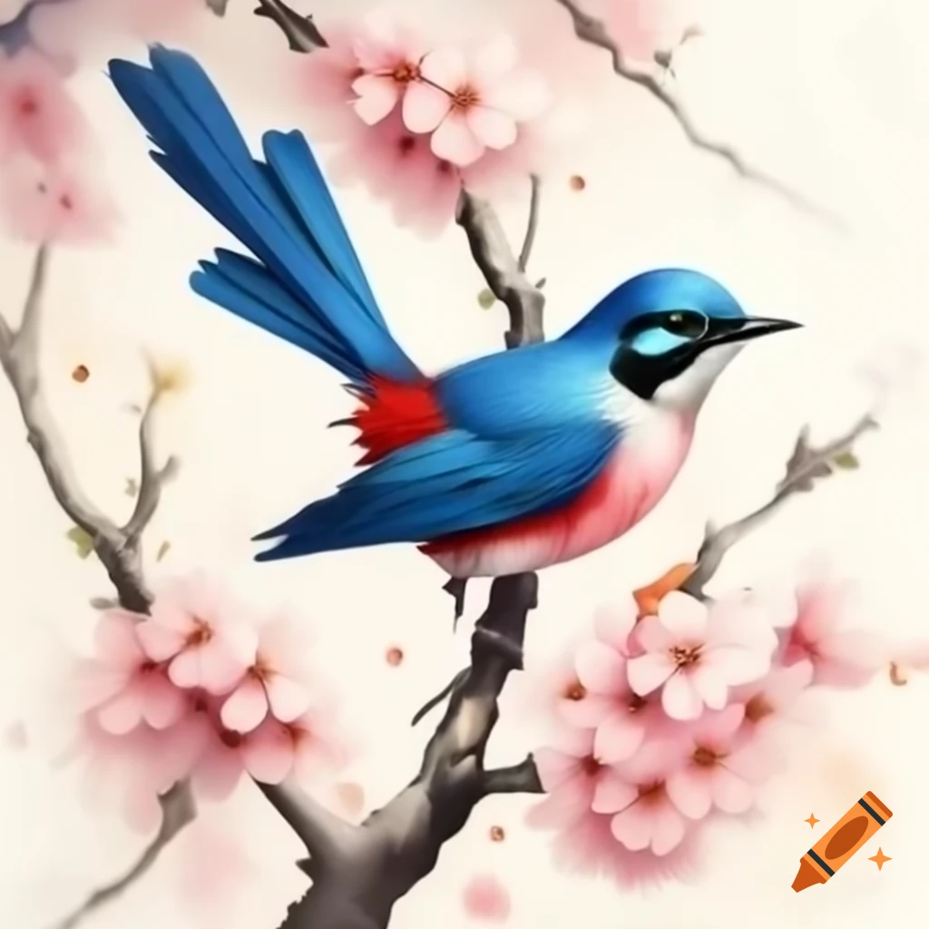 Japanese blue bird with Sakura flower tail perched on branch ...