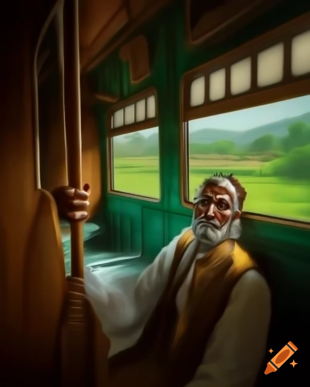 3D-rendered digital artwork of Pakistani train interior with wooden ...