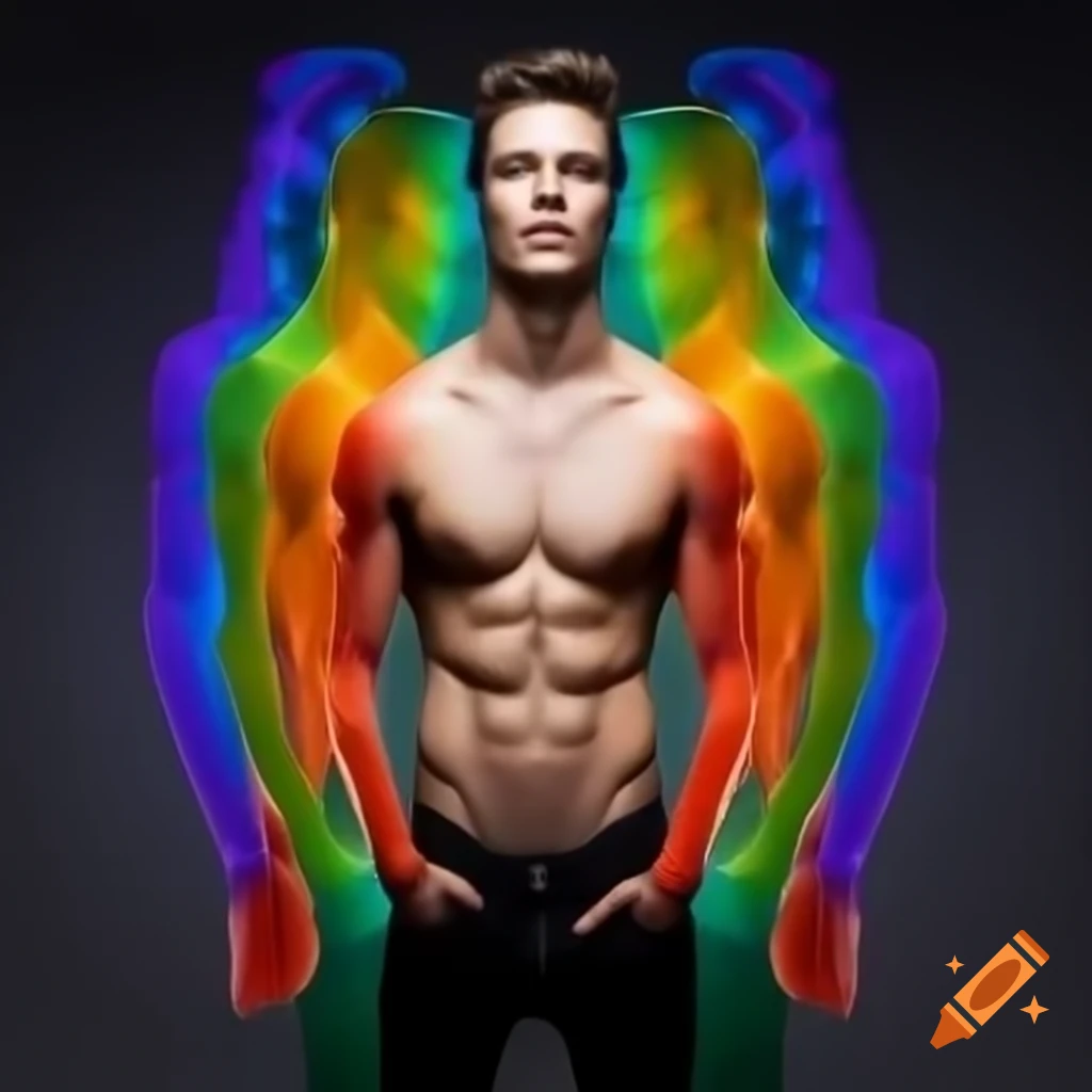 Confident male supermodel spinning in a colorful studio setting on Craiyon