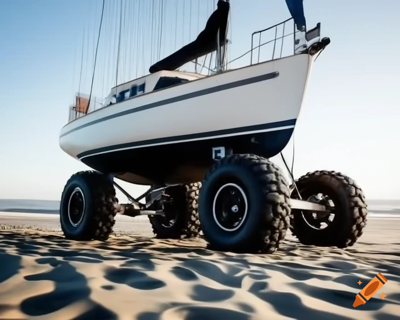 Garcia Exploration sailboat with offroad wheels on beach at low tide on ...