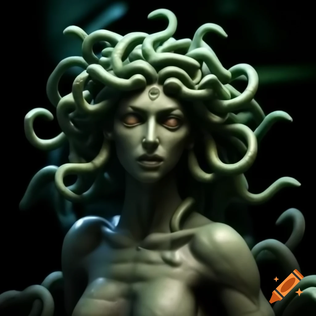 Medusa goddess dancing, intricately detailed and realistic, in stone form on Craiyon