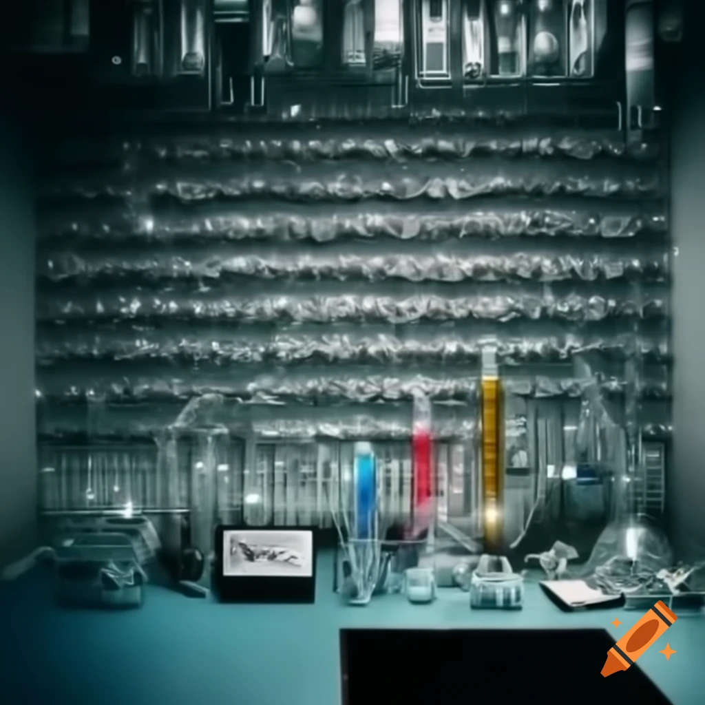 Colorful laboratory wall with calculations and glass equipment under ...