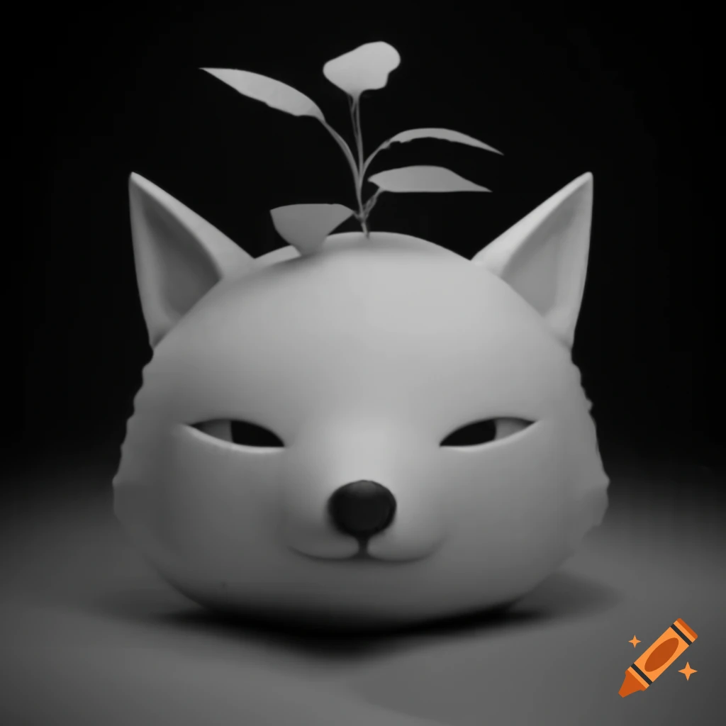 Grayscale realistic fox sculpture with plant hole, high contrast and ...