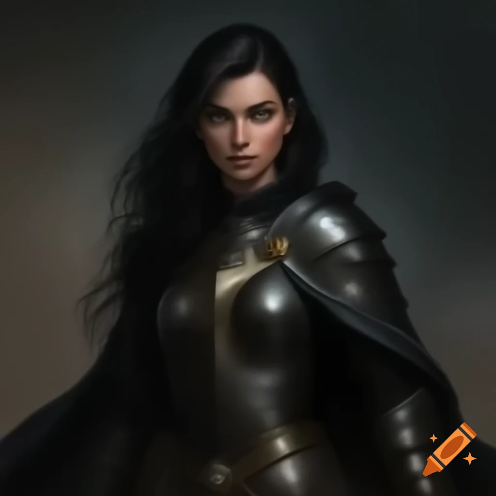 Female warrior in dark metallic armor with black cape and sword on Craiyon