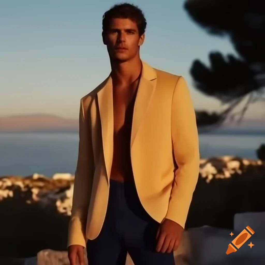 Masculine male supermodel standing during golden hour near ...