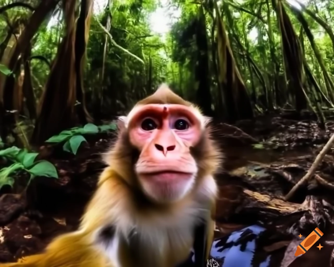 Monkey taking a selfie in rainforest, hyperrealistic style on Craiyon