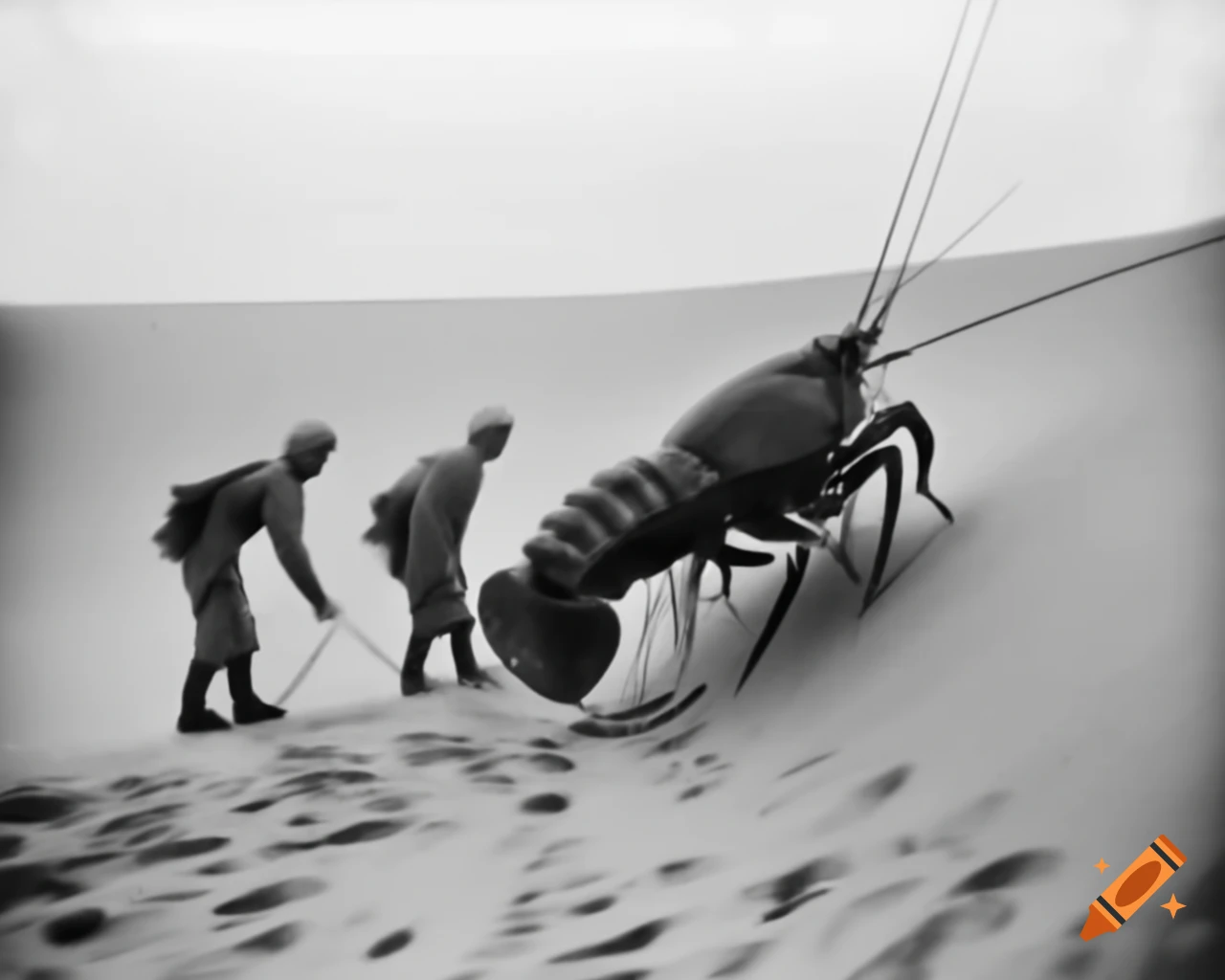 Giant lobster carried by WW2 British soldiers in sand dunes on Craiyon