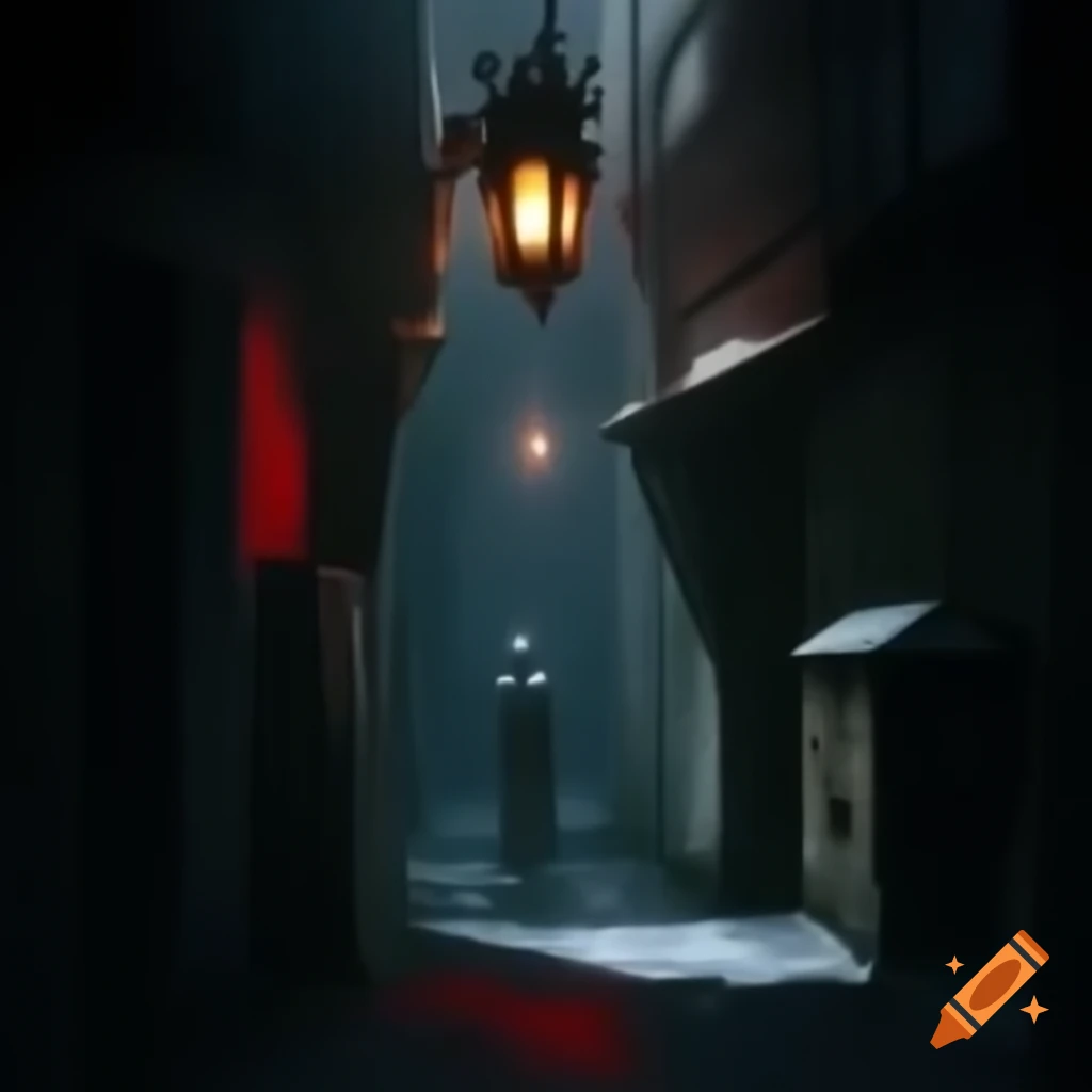 Dark alley with lantern illuminating shadowy figure with red eyes ...