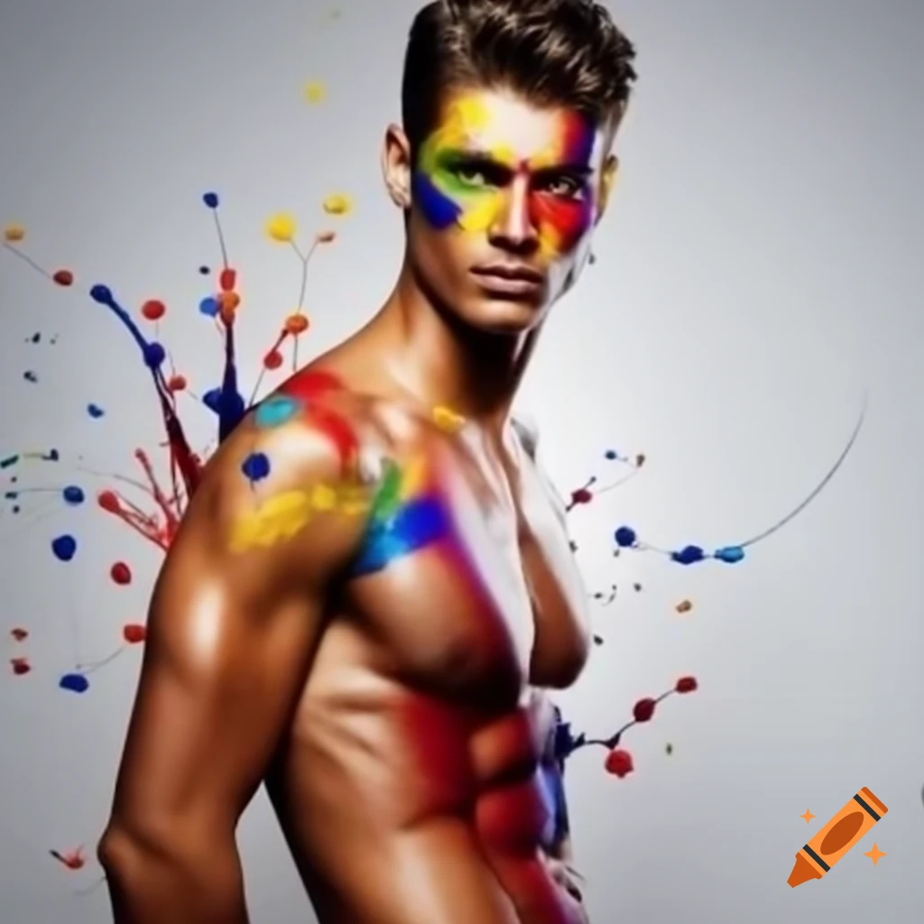 Male supermodel in colorful body paint during studio shoot with high ...