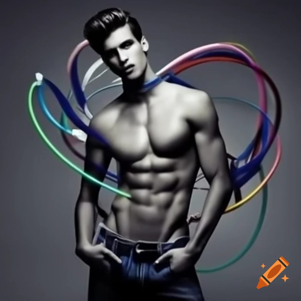 Confident male supermodel in jeans spinning in studio setting on Craiyon