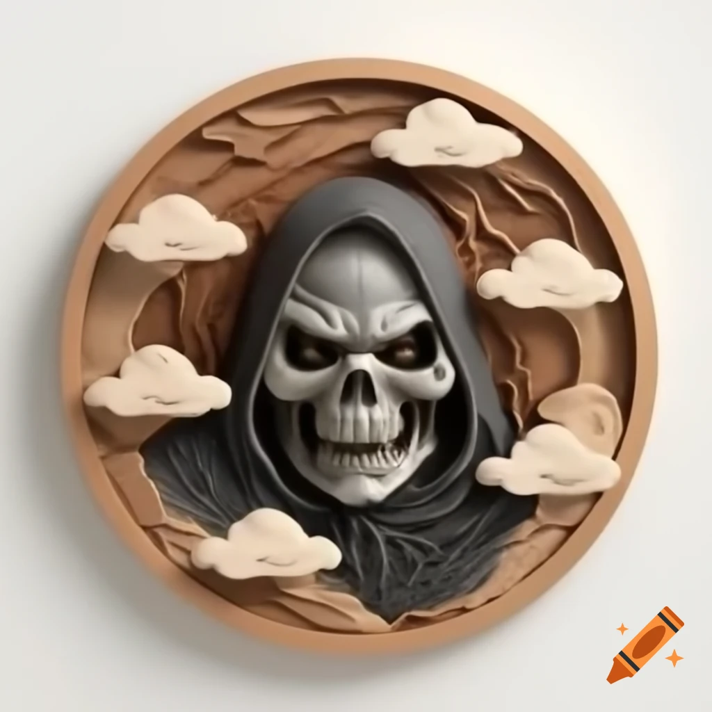 Japanese reaper bas relief in wood carving with clouds, circular coin ...