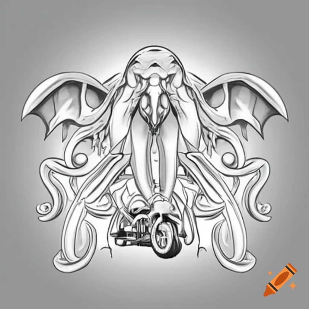 Cthulhu illustration on a motorbike, black and white engraving design ...