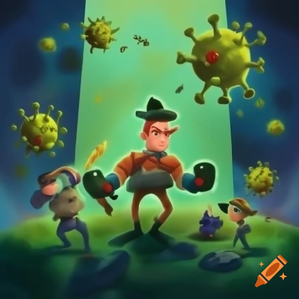 Cartoon of immune system cells battling germs in a fun war scene on Craiyon