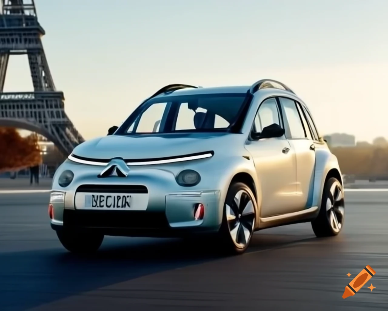 Citroen 2CV merged with Tesla design in front of Eiffel Tower on Craiyon