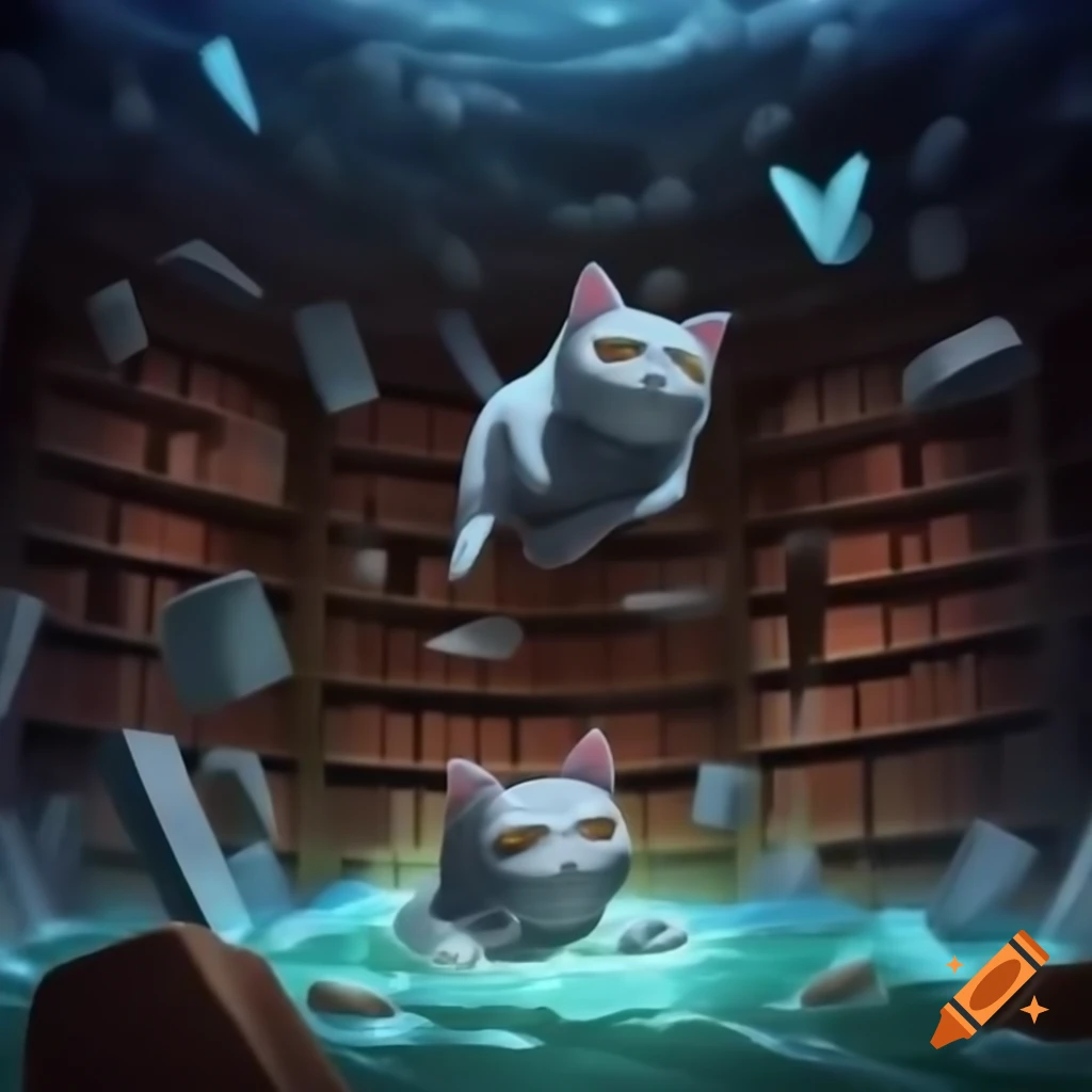 Grey cat causing chaos in dusty library with snells and butterflies in ...