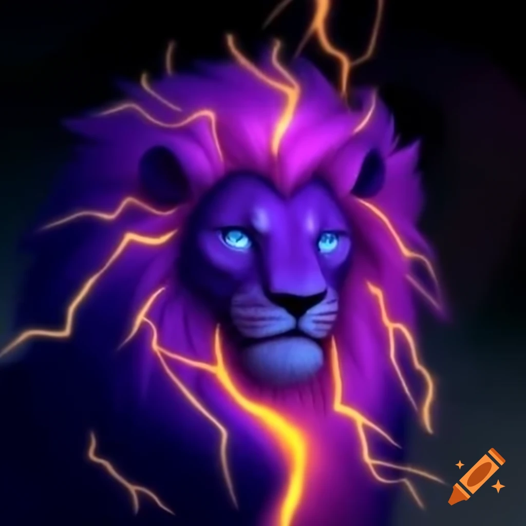 Metallic purple lion with golden lightning mane and blue glowing eyes ...