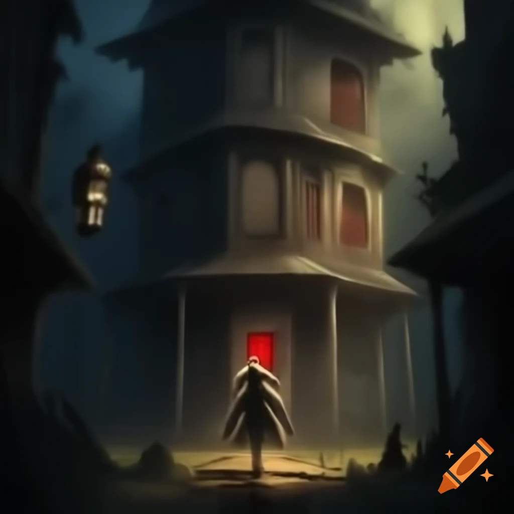 Old multi-storey building with shadow resembling a scarecrow under ...